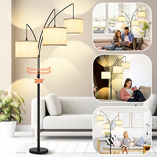 3 Lights Arc Floor Lamps for Living Room,Modern Tall Standing Lamp Hanging Over The Couch with Shades & Heavy Base,Mid Century Black Tree Floor Lamp for Bedroom Office