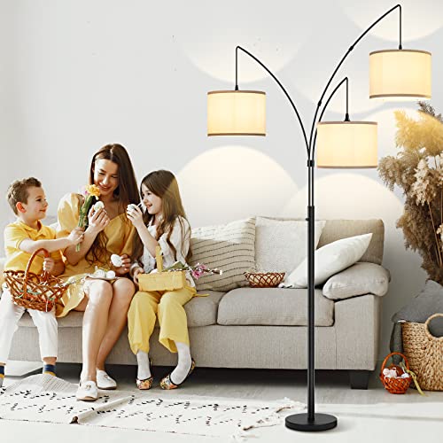 3 Lights Arc Floor Lamps for Living Room,Modern Tall Standing Lamp Hanging Over The Couch with Shades & Heavy Base,Mid Century Black Tree Floor Lamp for Bedroom Office