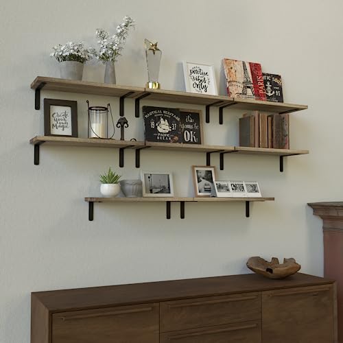 Boswillon Floating Shelves Set of 8, Rustic Hanging Wood Shelves for Wall Decor, Wall Mounted Shelves for Storage Bedroom, Bathroom, Living Room - Carbonized Black