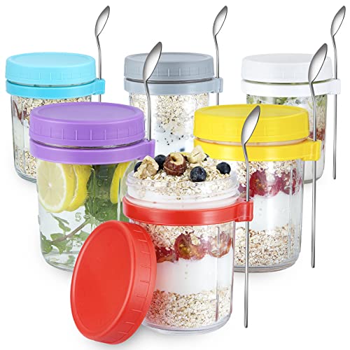 OVERTANG Overnight Oats Containers with Lids and Spoons, 6 Pack 12oz Mason Jars for Overnight Oats, Large Capacity Airtight Oatmeal Container with Measurement Marks Wide Mouth for Salad, Cereal