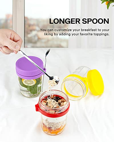 OVERTANG Overnight Oats Containers with Lids and Spoons, 6 Pack 12oz Mason Jars for Overnight Oats, Large Capacity Airtight Oatmeal Container with Measurement Marks Wide Mouth for Salad, Cereal