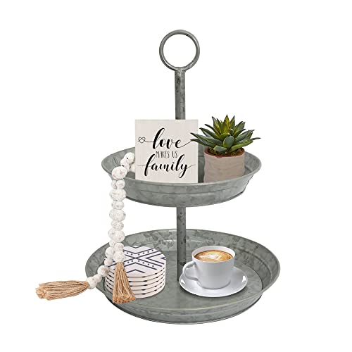 FLORA Farmhouse 2 Tiered Galvanized Serving Tray Stand with Carry Handle, Rustic Metal Display Tray for Cupcake Dessert Fruit, Silver