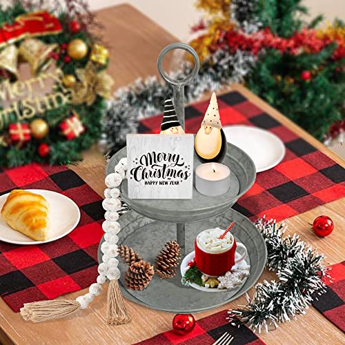 FLORA Farmhouse 2 Tiered Galvanized Serving Tray Stand with Carry Handle, Rustic Metal Display Tray for Cupcake Dessert Fruit, Silver