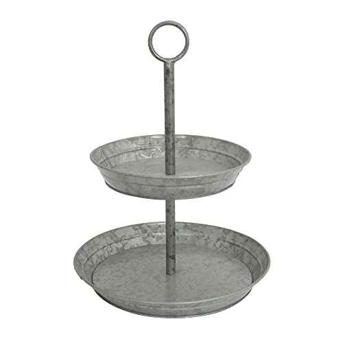 FLORA Farmhouse 2 Tiered Galvanized Serving Tray Stand with Carry Handle, Rustic Metal Display Tray for Cupcake Dessert Fruit, Silver