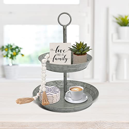 FLORA Farmhouse 2 Tiered Galvanized Serving Tray Stand with Carry Handle, Rustic Metal Display Tray for Cupcake Dessert Fruit, Silver