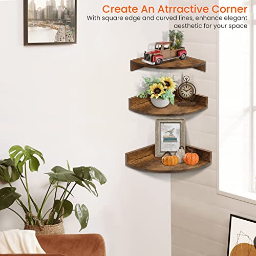 Homode Corner Floating Shelves, Corner Wall Shelves with Cord Hole, Wood Wall Shelf for Storage and Dispaly, for Bathroom, Bedroom, Kitchen, Rustic Brown Black