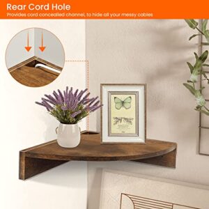 Homode Corner Floating Shelves, Corner Wall Shelves with Cord Hole, Wood Wall Shelf for Storage and Dispaly, for Bathroom, Bedroom, Kitchen, Rustic Brown Black