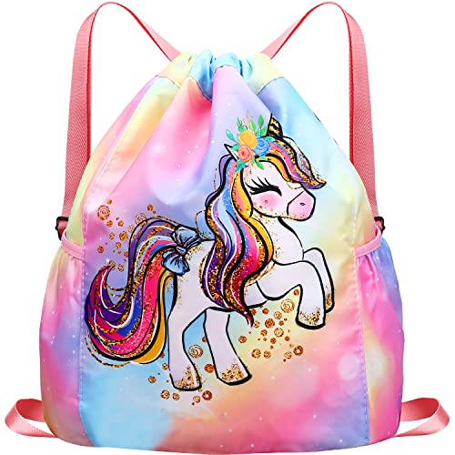 Luchike Drawstring Backpack for Kids - Girls Dance Bag,Sport Gym Beach Swim Travel Daypack With Two Water Bottle Holder