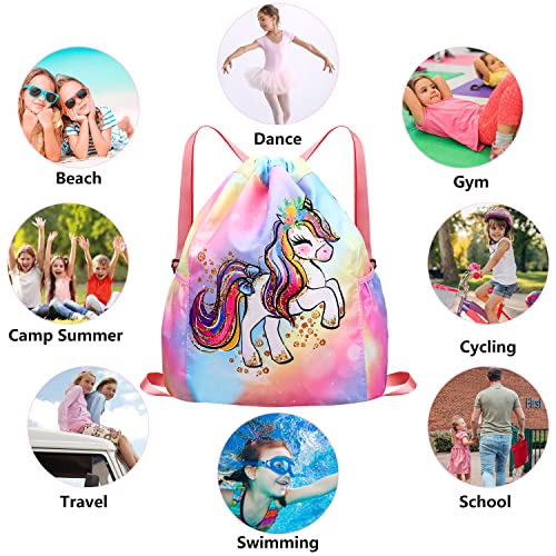 Luchike Drawstring Backpack for Kids - Girls Dance Bag,Sport Gym Beach Swim Travel Daypack With Two Water Bottle Holder