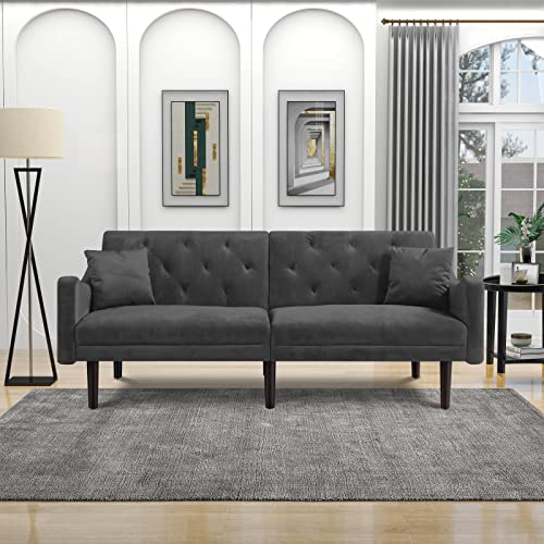 FULife 2-Seat 74.8" Modern Velvet Upholstered Futon Sofa Loveseat Convertible Sleeper Couch Bed Daybed, Folding Recliner with 2 Pillows for Living Room/Apartment/Office/Studio, Gray 72.8”W