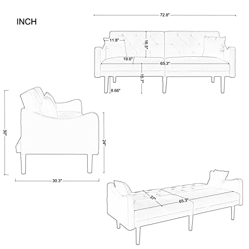 FULife 2-Seat 74.8" Modern Velvet Upholstered Futon Sofa Loveseat Convertible Sleeper Couch Bed Daybed, Folding Recliner with 2 Pillows for Living Room/Apartment/Office/Studio, Gray 72.8”W