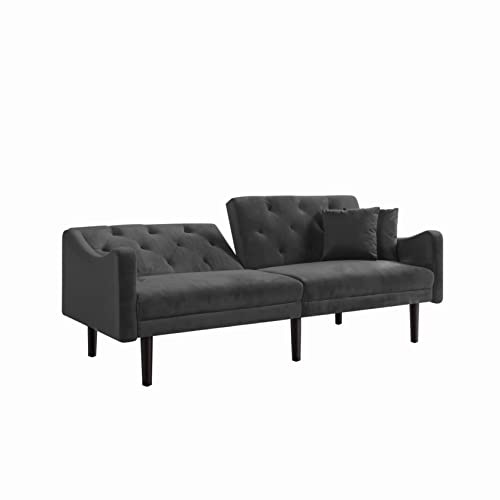 FULife 2-Seat 74.8" Modern Velvet Upholstered Futon Sofa Loveseat Convertible Sleeper Couch Bed Daybed, Folding Recliner with 2 Pillows for Living Room/Apartment/Office/Studio, Gray 72.8”W