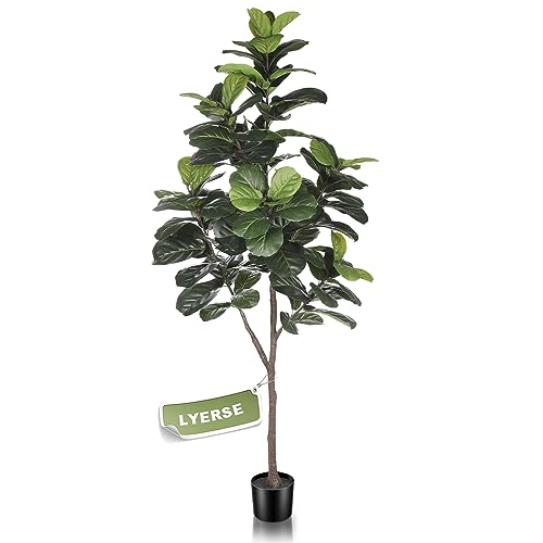 LYERSE Artificial Fiddle Leaf Fig Tree - 6.5ft Faux Ficus Lyrata Plant with 108 Fiddle Leaves Fake Fig Silk Tree in Pot Artificial Tree for Indoor Outdoor House Home Office Perfect Housewarming Gift