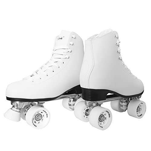 Roller Skates for Women with PU Leather High-top Double Row Rollerskates, Unisex-Adult Indoor Outdoor White Derby Skate Size 6 with Adjustable Fast Braking for Beginner