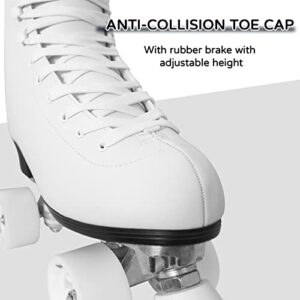 Roller Skates for Women with PU Leather High-top Double Row Rollerskates, Unisex-Adult Indoor Outdoor White Derby Skate Size 6 with Adjustable Fast Braking for Beginner