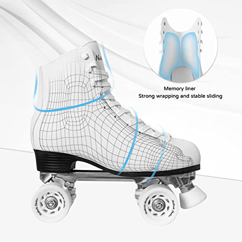 Roller Skates for Women with PU Leather High-top Double Row Rollerskates, Unisex-Adult Indoor Outdoor White Derby Skate Size 6 with Adjustable Fast Braking for Beginner