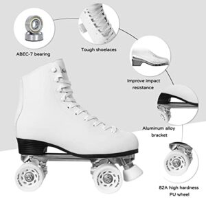 Roller Skates for Women with PU Leather High-top Double Row Rollerskates, Unisex-Adult Indoor Outdoor White Derby Skate Size 6 with Adjustable Fast Braking for Beginner