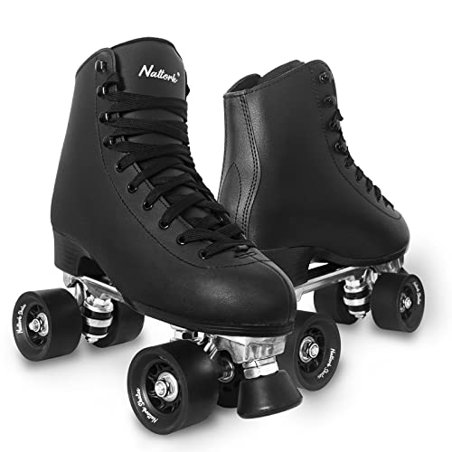 Roller Skates for Women with PU Leather High-top Double Row Rollerskates, Unisex-Adult Indoor Outdoor Black Derby Skate Size 11 with Adjustable Fast Braking for Beginner