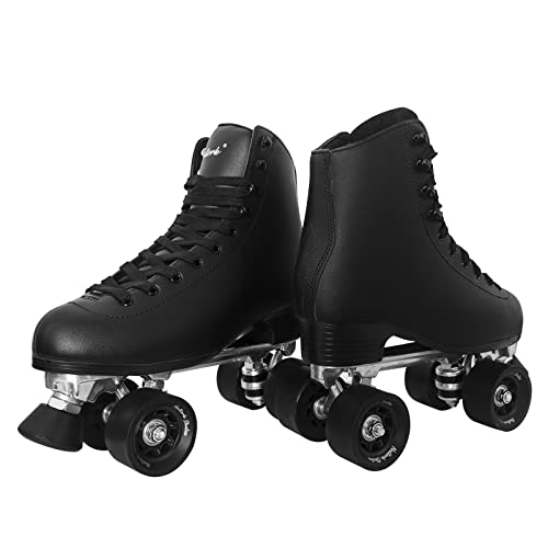 Roller Skates for Women with PU Leather High-top Double Row Rollerskates, Unisex-Adult Indoor Outdoor Black Derby Skate Size 11 with Adjustable Fast Braking for Beginner