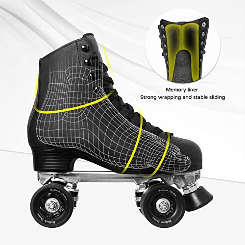 Roller Skates for Women with PU Leather High-top Double Row Rollerskates, Unisex-Adult Indoor Outdoor Black Derby Skate Size 11 with Adjustable Fast Braking for Beginner