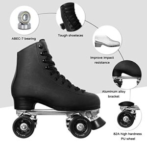 Roller Skates for Women with PU Leather High-top Double Row Rollerskates, Unisex-Adult Indoor Outdoor Black Derby Skate Size 11 with Adjustable Fast Braking for Beginner