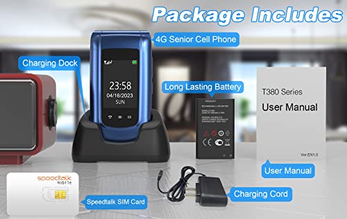 USHINING 4G LTE Unlocked Senior Flip Phone with Speed Talk SIM Card Seniors Cell Phone SOS Big Button Senior Basic Phone for Elderly 2.4 Inch Screen Unlocked Feature Phone with Charging Dock (Blue)