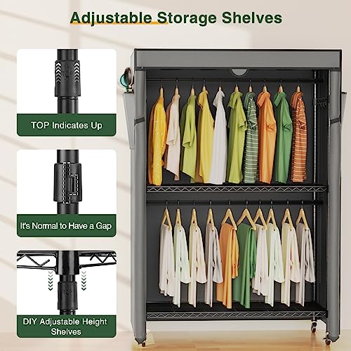 LEHOM G1C Heavy Duty Clothes Rack with Cover, Rolling Garment Rack for Hanging Clothes, Portable Closets with Oxford Fabric Cover, Freestanding Clothing Rack on Wheels, Storage Wardrobe for Bedroom