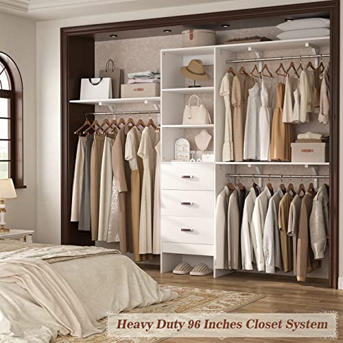 Armocity 96 Inches Closet System, 8FT Walk In Closet Organizer with 3 Shelving Towers, Heavy Duty Clothes Rack with 3 Drawers, Built-In Garment Rack, 96" L x 16" W x 75" H, Max Load 1000 LBS, White