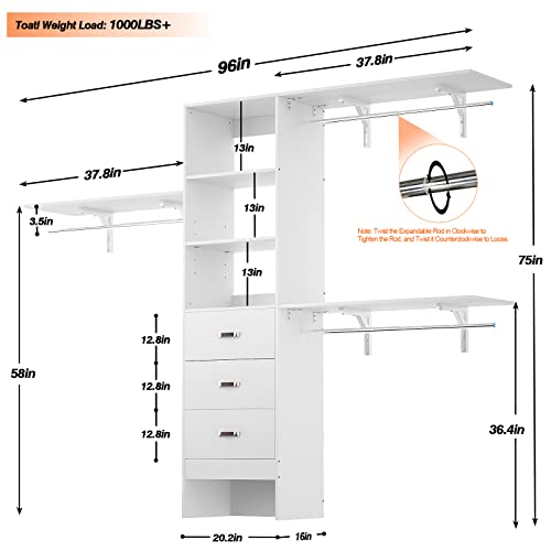 Armocity 96 Inches Closet System, 8FT Walk In Closet Organizer with 3 Shelving Towers, Heavy Duty Clothes Rack with 3 Drawers, Built-In Garment Rack, 96" L x 16" W x 75" H, Max Load 1000 LBS, White