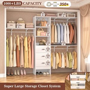 Armocity 96 Inches Closet System, 8FT Walk In Closet Organizer with 3 Shelving Towers, Heavy Duty Clothes Rack with 3 Drawers, Built-In Garment Rack, 96" L x 16" W x 75" H, Max Load 1000 LBS, White