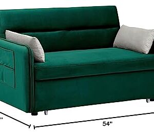 Velvet Upholstered Loveseat Sleeper Sofa w/Side Storage Pockets, 54'' 2-Seaters Sofá with Pull-Out Couch Bed with 2 Pillows & Adjustable Backrest for Living Room Apartment Office Compact Space, Green