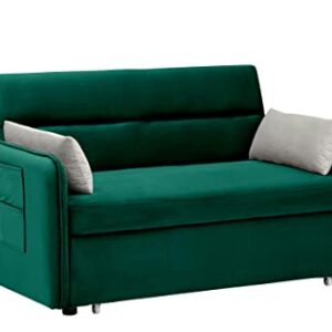 Velvet Upholstered Loveseat Sleeper Sofa w/Side Storage Pockets, 54'' 2-Seaters Sofá with Pull-Out Couch Bed with 2 Pillows & Adjustable Backrest for Living Room Apartment Office Compact Space, Green