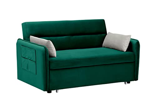 Velvet Upholstered Loveseat Sleeper Sofa w/Side Storage Pockets, 54'' 2-Seaters Sofá with Pull-Out Couch Bed with 2 Pillows & Adjustable Backrest for Living Room Apartment Office Compact Space, Green