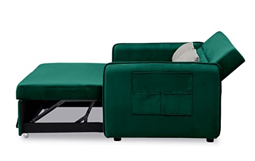 Velvet Upholstered Loveseat Sleeper Sofa w/Side Storage Pockets, 54'' 2-Seaters Sofá with Pull-Out Couch Bed with 2 Pillows & Adjustable Backrest for Living Room Apartment Office Compact Space, Green