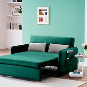 Velvet Upholstered Loveseat Sleeper Sofa w/Side Storage Pockets, 54'' 2-Seaters Sofá with Pull-Out Couch Bed with 2 Pillows & Adjustable Backrest for Living Room Apartment Office Compact Space, Green