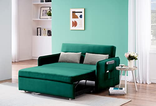 Velvet Upholstered Loveseat Sleeper Sofa w/Side Storage Pockets, 54'' 2-Seaters Sofá with Pull-Out Couch Bed with 2 Pillows & Adjustable Backrest for Living Room Apartment Office Compact Space, Green