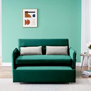 Velvet Upholstered Loveseat Sleeper Sofa w/Side Storage Pockets, 54'' 2-Seaters Sofá with Pull-Out Couch Bed with 2 Pillows & Adjustable Backrest for Living Room Apartment Office Compact Space, Green