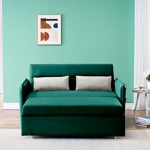 Velvet Upholstered Loveseat Sleeper Sofa w/Side Storage Pockets, 54'' 2-Seaters Sofá with Pull-Out Couch Bed with 2 Pillows & Adjustable Backrest for Living Room Apartment Office Compact Space, Green