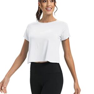 Mippo Crop Workout Tops Gym Shirt Athletic Wear Yoga Apparel Exercise Fitness Crop Top Going Out Tshirts Dance Pilates Clothes for Women White M