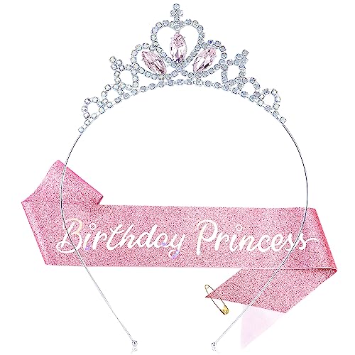 KICOSY Birthday Crowns for Women Birthday Princess Sash & Crystal Tiara Set Pink Rhinestone Tiara for Girls Princess Crown Birthday Tiara Girls Crystal Headband Glitter Sash Kit for Birthday Party