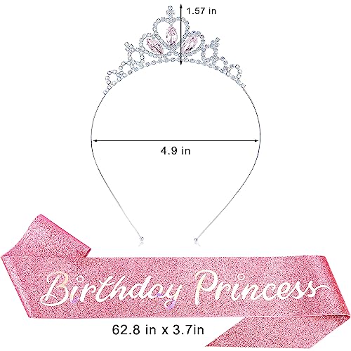 KICOSY Birthday Crowns for Women Birthday Princess Sash & Crystal Tiara Set Pink Rhinestone Tiara for Girls Princess Crown Birthday Tiara Girls Crystal Headband Glitter Sash Kit for Birthday Party