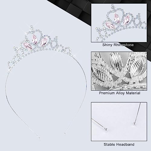 KICOSY Birthday Crowns for Women Birthday Princess Sash & Crystal Tiara Set Pink Rhinestone Tiara for Girls Princess Crown Birthday Tiara Girls Crystal Headband Glitter Sash Kit for Birthday Party