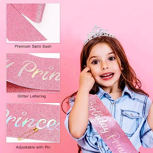 KICOSY Birthday Crowns for Women Birthday Princess Sash & Crystal Tiara Set Pink Rhinestone Tiara for Girls Princess Crown Birthday Tiara Girls Crystal Headband Glitter Sash Kit for Birthday Party