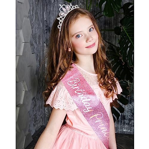 KICOSY Birthday Crowns for Women Birthday Princess Sash & Crystal Tiara Set Pink Rhinestone Tiara for Girls Princess Crown Birthday Tiara Girls Crystal Headband Glitter Sash Kit for Birthday Party