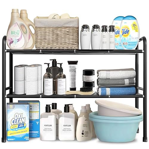 POJORY Under Sink Organizers, 2 Tier Expandable Cabinet Shelf Organizer with 8 Detachable Panels for Under Kitchen Bathroom Storage, Multi-Use Under Sink Organizers and Storage,Black