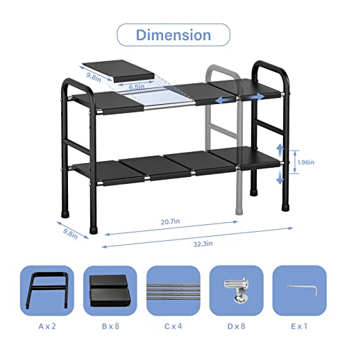 POJORY Under Sink Organizers, 2 Tier Expandable Cabinet Shelf Organizer with 8 Detachable Panels for Under Kitchen Bathroom Storage, Multi-Use Under Sink Organizers and Storage,Black