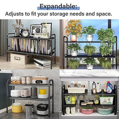 POJORY Under Sink Organizers, 2 Tier Expandable Cabinet Shelf Organizer with 8 Detachable Panels for Under Kitchen Bathroom Storage, Multi-Use Under Sink Organizers and Storage,Black