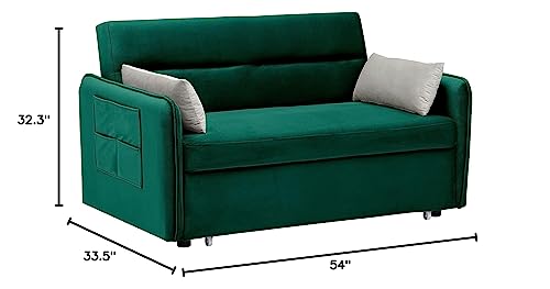 Velvet Upholstered Loveseat Sleeper w/Side Storage Pockets, 54'' 2-Seaters Sofa with Pull-Out Couch Bed with 2 Pillows & Adjustable Backrest for Living Room Apartment Office Compact Space, Green