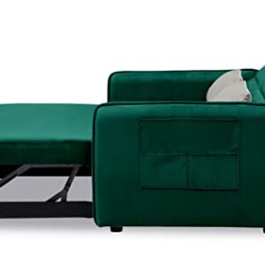 Velvet Upholstered Loveseat Sleeper w/Side Storage Pockets, 54'' 2-Seaters Sofa with Pull-Out Couch Bed with 2 Pillows & Adjustable Backrest for Living Room Apartment Office Compact Space, Green