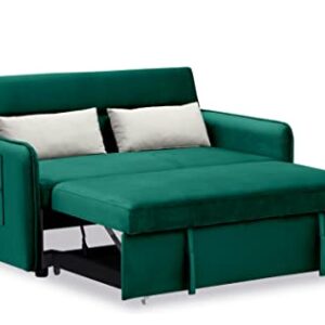 Velvet Upholstered Loveseat Sleeper w/Side Storage Pockets, 54'' 2-Seaters Sofa with Pull-Out Couch Bed with 2 Pillows & Adjustable Backrest for Living Room Apartment Office Compact Space, Green